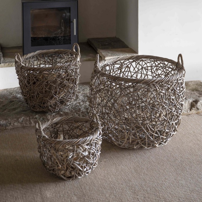 Haardhout Mand Rotan Set Van 3 Stuk | Rieten Manden Openhaardhout